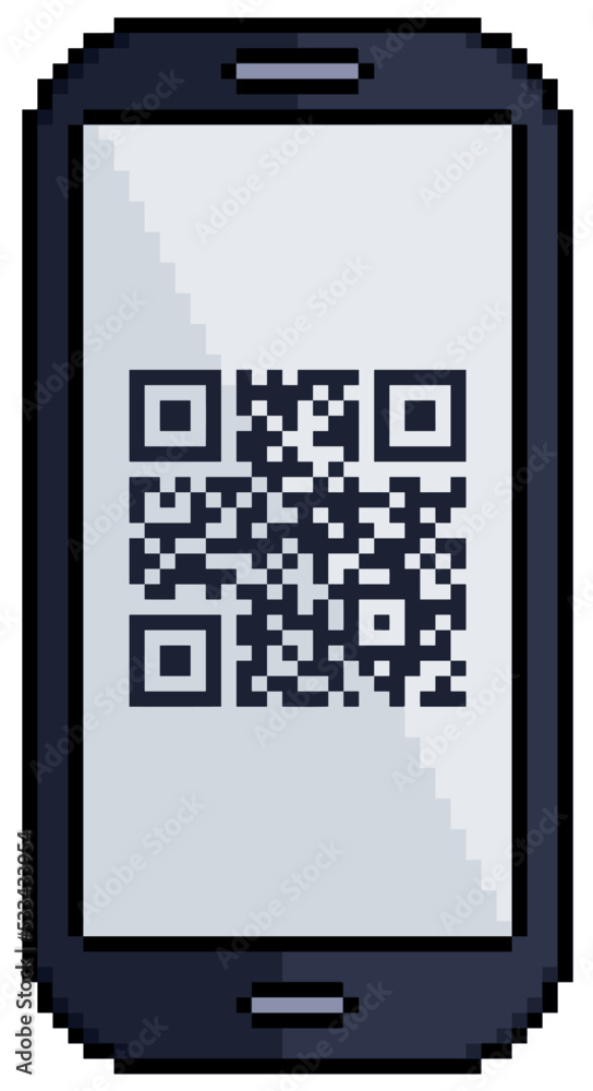 Pixel art mobile phone with QR code on screen vector icon for 8bit game ...