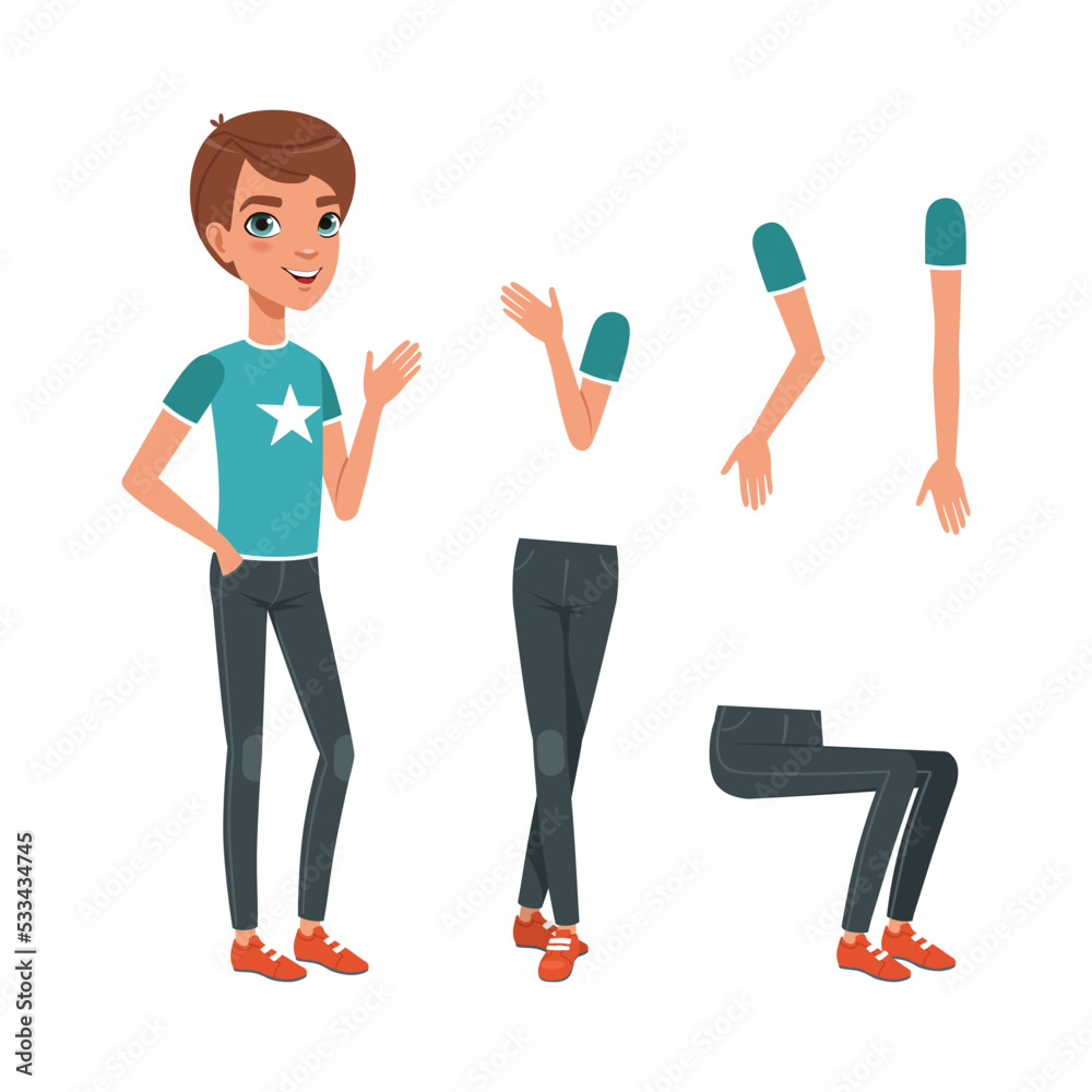 Full length portrait of boy in casual clothes, legs and arms collection ...