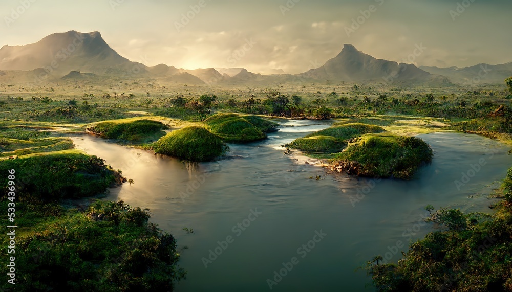 African countryside with a pond, trees and mountains on the horizon 3d ...