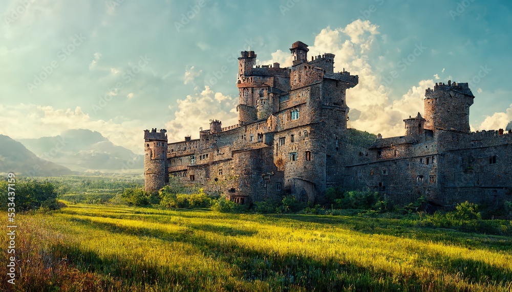 Ancient castle with stone brick walls on green meadows, blue sky with ...