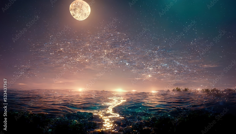 Poster, Foto Starry night sky with a full moon over sea water, in which ...