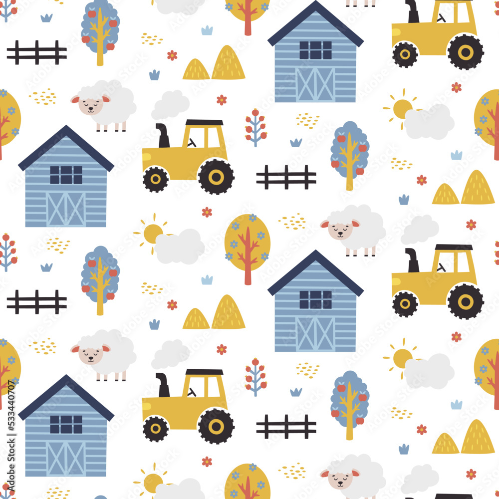 Seamless cute vector pattern with farm, car, tree, plant, house, truck ...