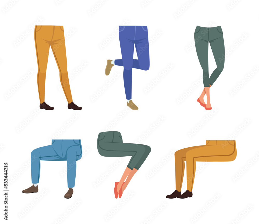 Different views of male and female legs in jeans, pants and shoes. Body ...