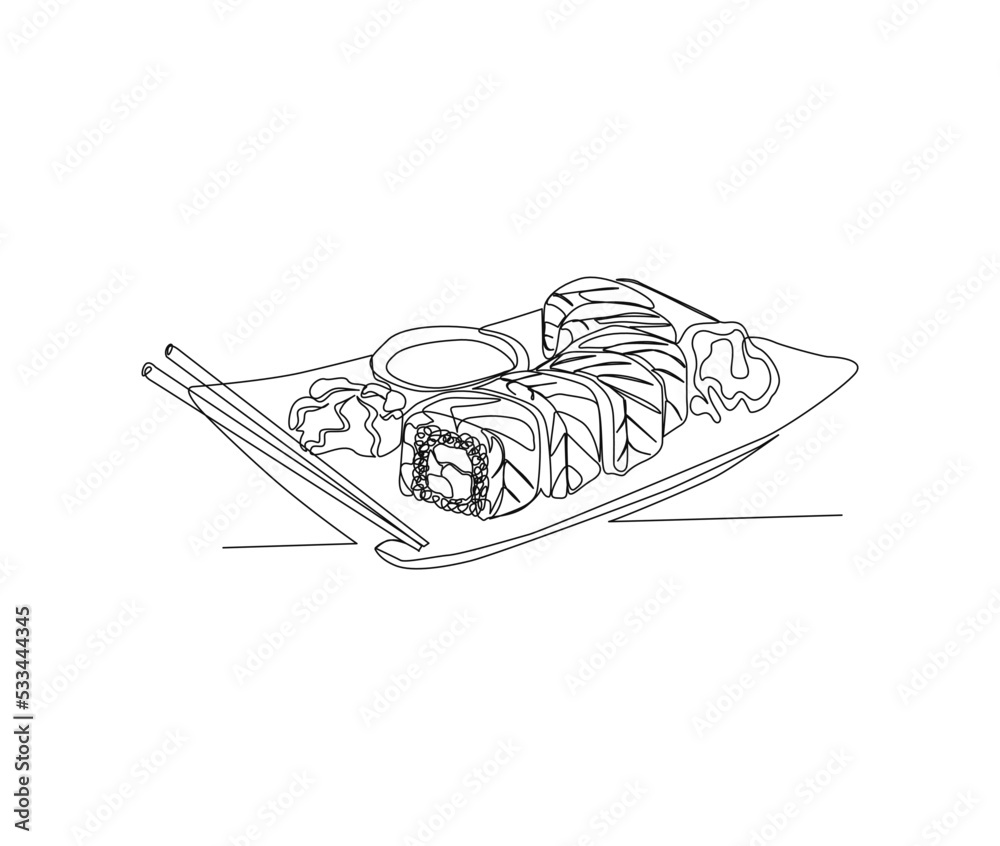Continuous one line drawing of Sushi and Sashimi. Japanese Food line ...