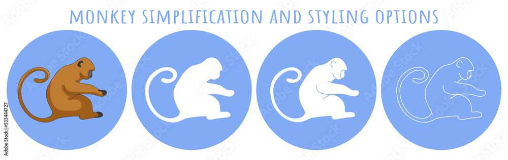 Monkey different simplification styling options icons set. Silhouette ...