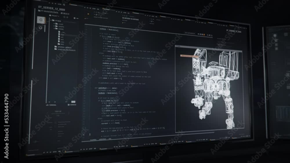 Creating a virtual projection of the robot using complex coding data. Animating the white robot ...