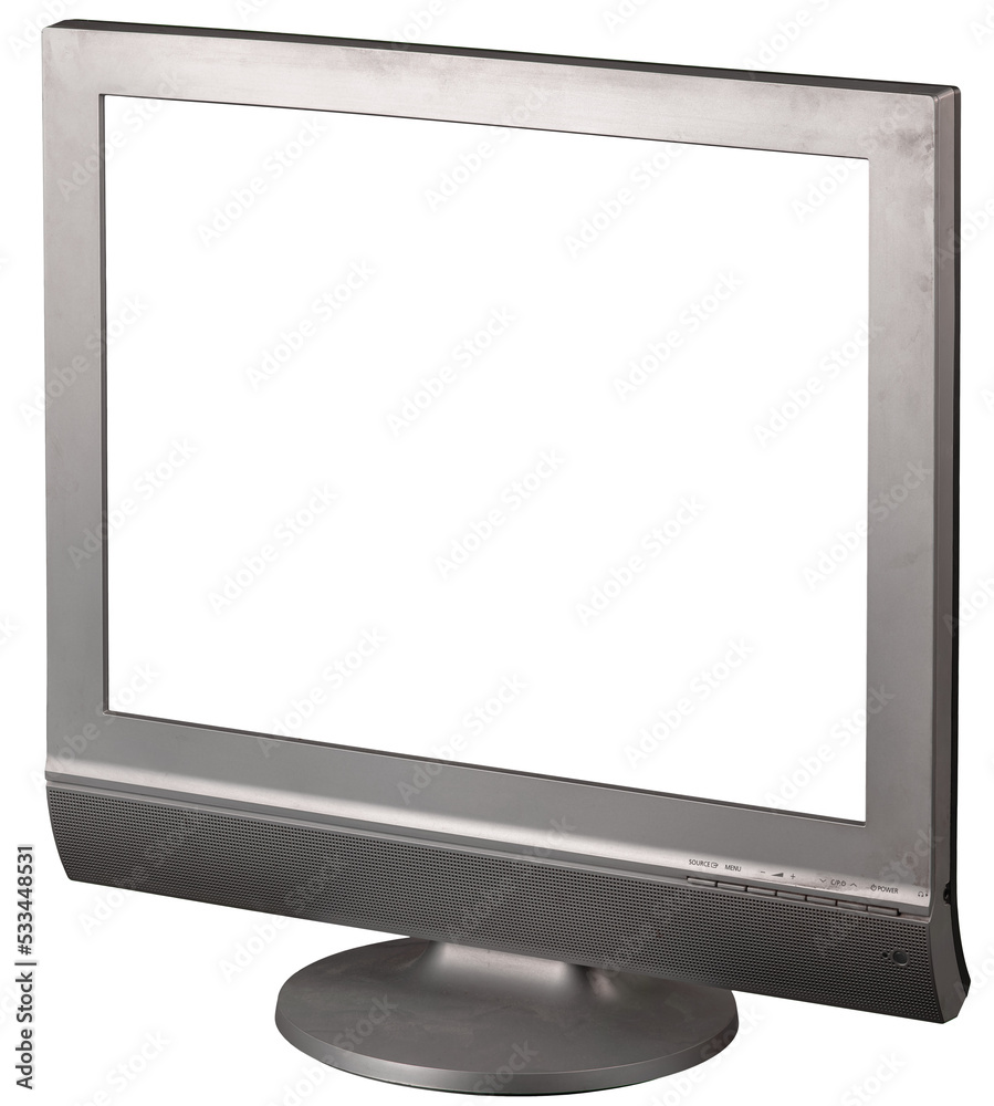 Color TV with liquid crystal screen, metallic silver housing. Stock ...