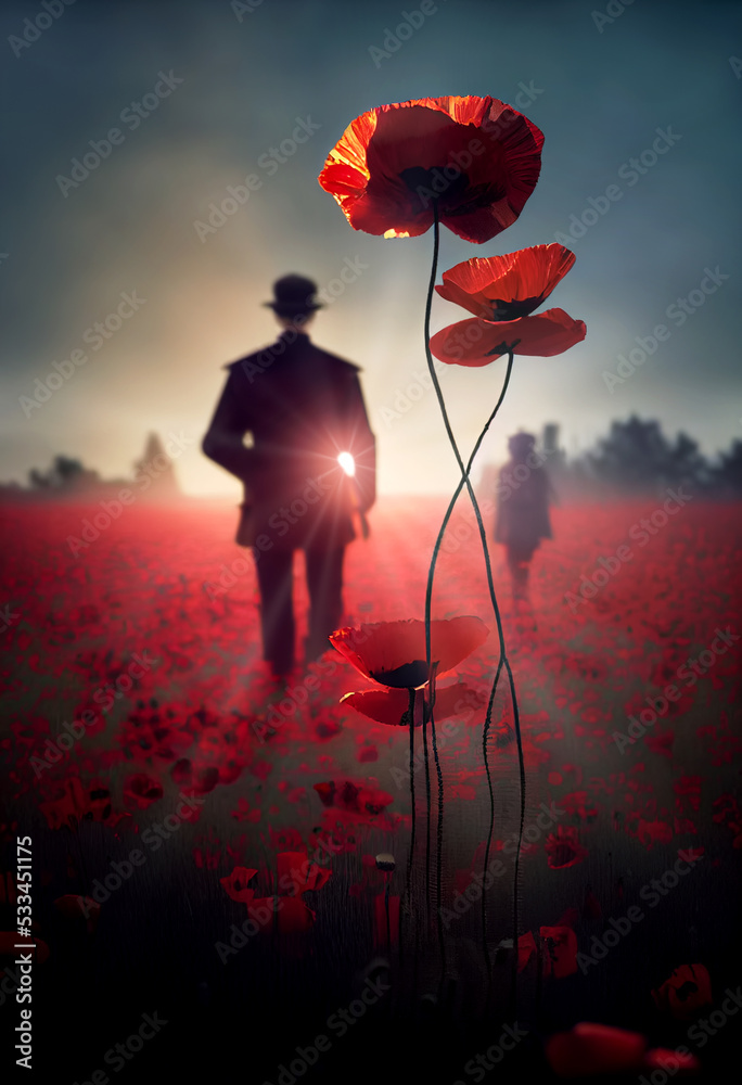 Greeting card for Remembrance Day with silhouettes of a soldier and ...