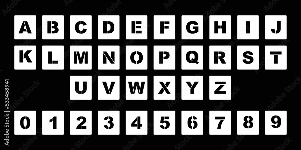 Stencil of letters and numbers. For laser cutting. Transferring the ...