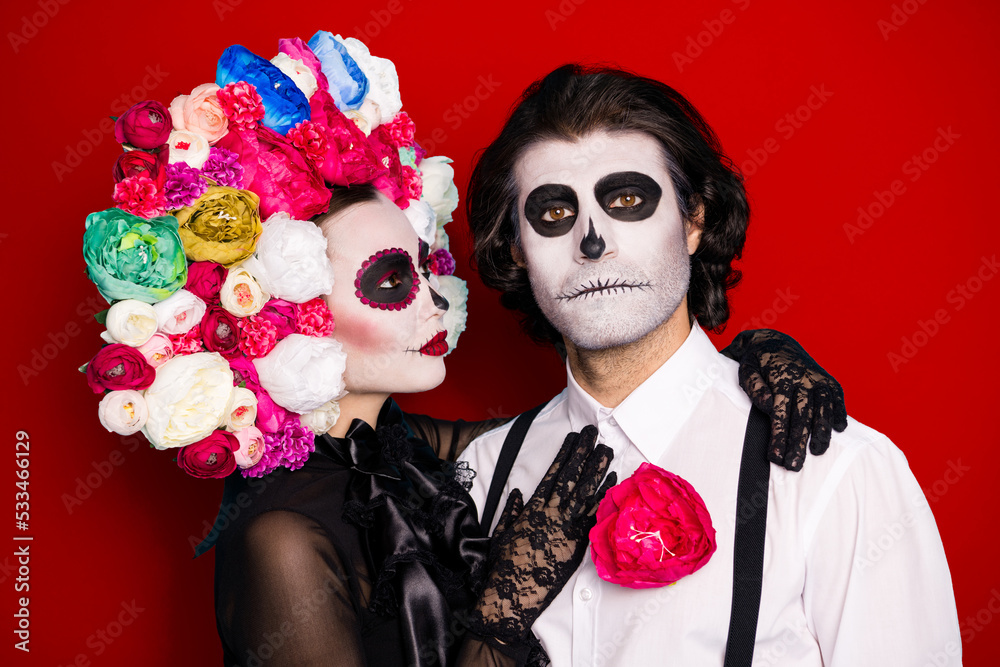 Love can't die. Photo of creepy scary couple man lady cuddle wait dark ...