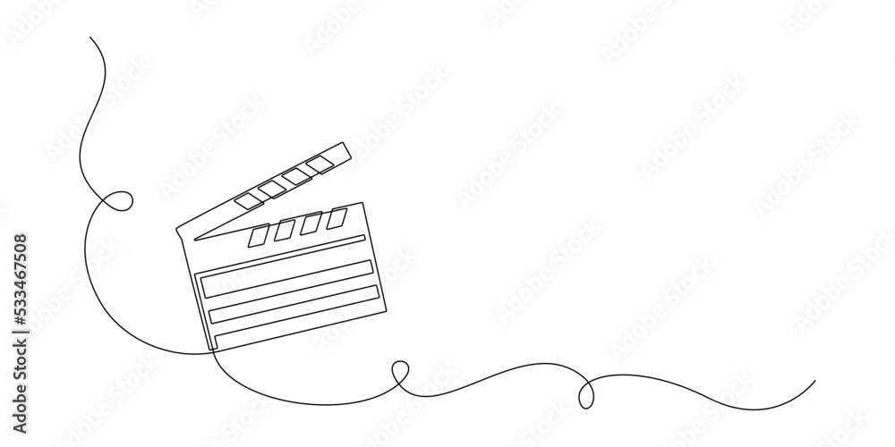 One continuous line drawing of clapper board. Action movie scene and ...