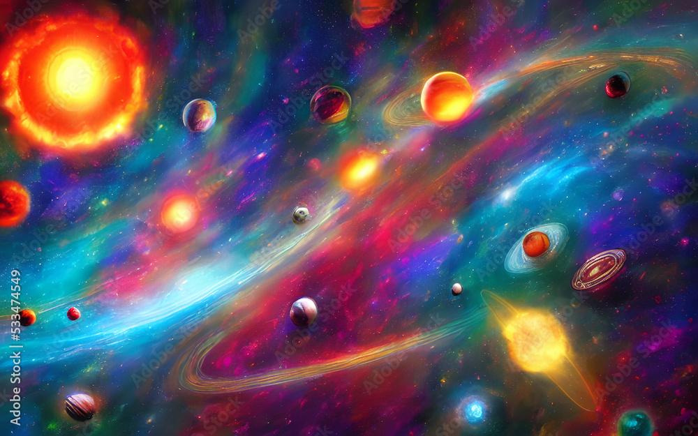 A dreamy and psychedelic solar system is floating in space. The sun is ...