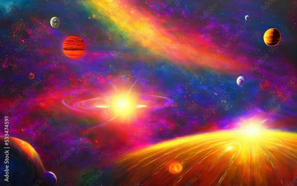 The sun casts a dreamy orange hue over the planets in this psychedelic ...