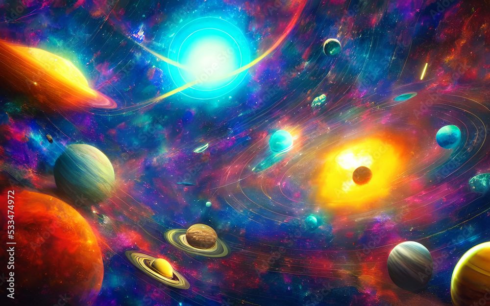 The picture is of a colorful, otherworldly solar system. It looks like ...