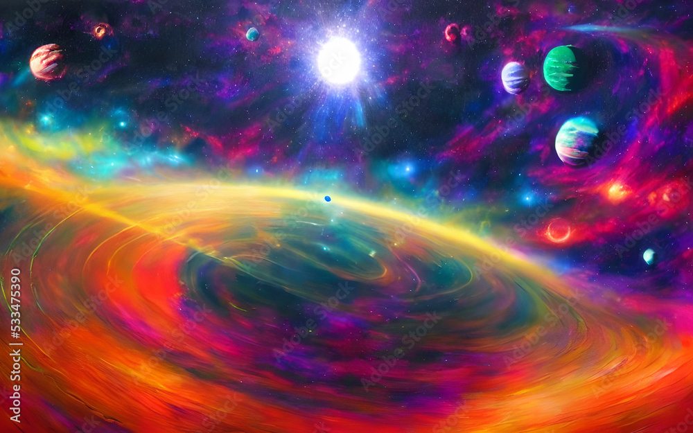 I'm looking at a dreamy, psychedelic solar system. The planets are ...