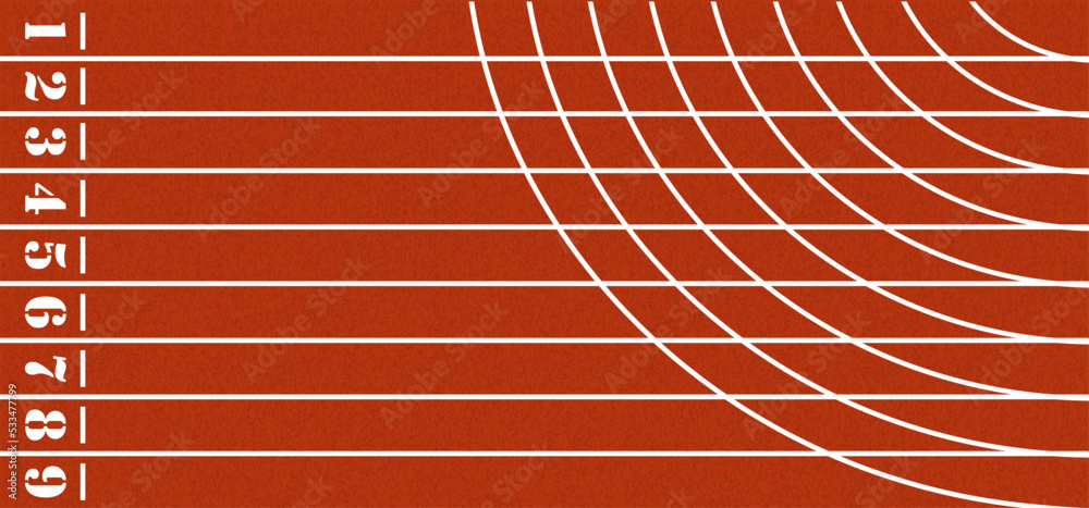 Cartoon running track with lane numbers or track numbers. Place where people exercise or sport ...