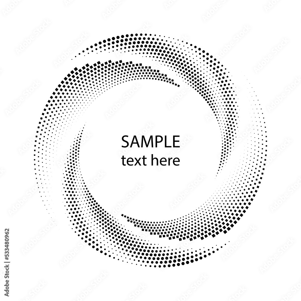 Black halftone dotted lines in spiral form. Geometric art. Segmented ...
