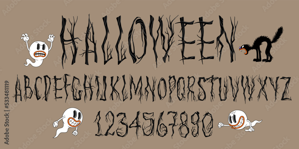 Tree branches font alphabet. English letters and numbers formed by bare ...