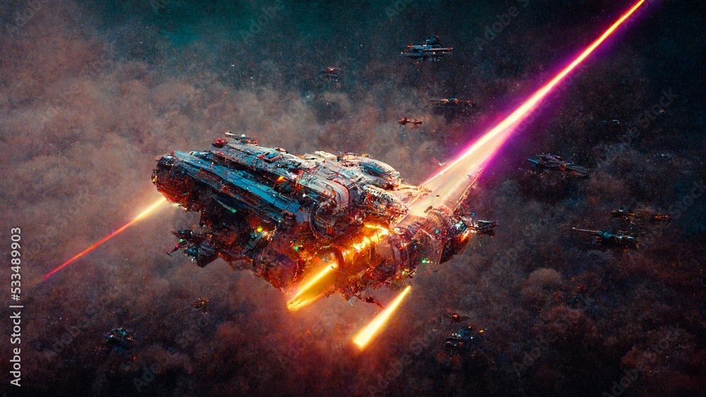 futuristic spaceship laser battle in outer space illustration render ...