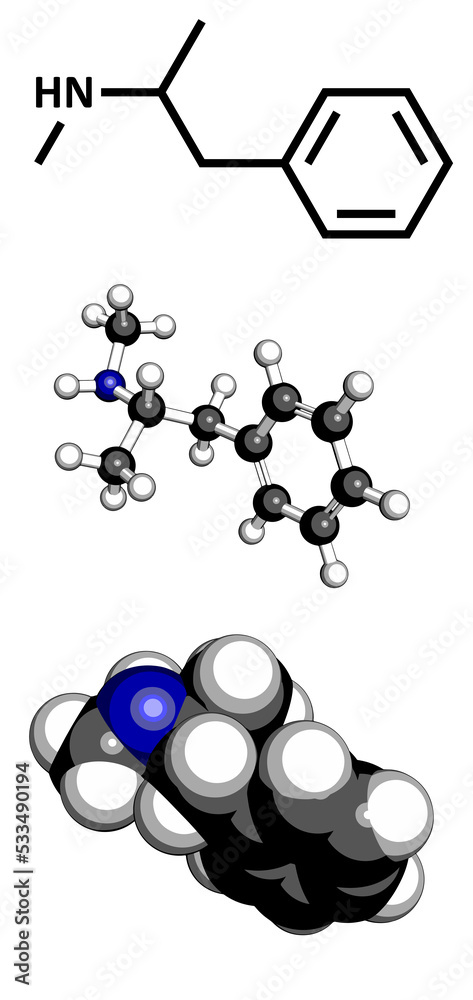 methamphetamine (crystal, meth) psychostimulant drug, molecular model ...