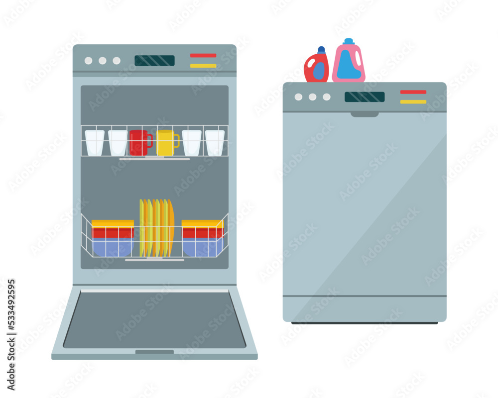 Vector illustration of beautiful dishwashers. Home cleaning equipment ...