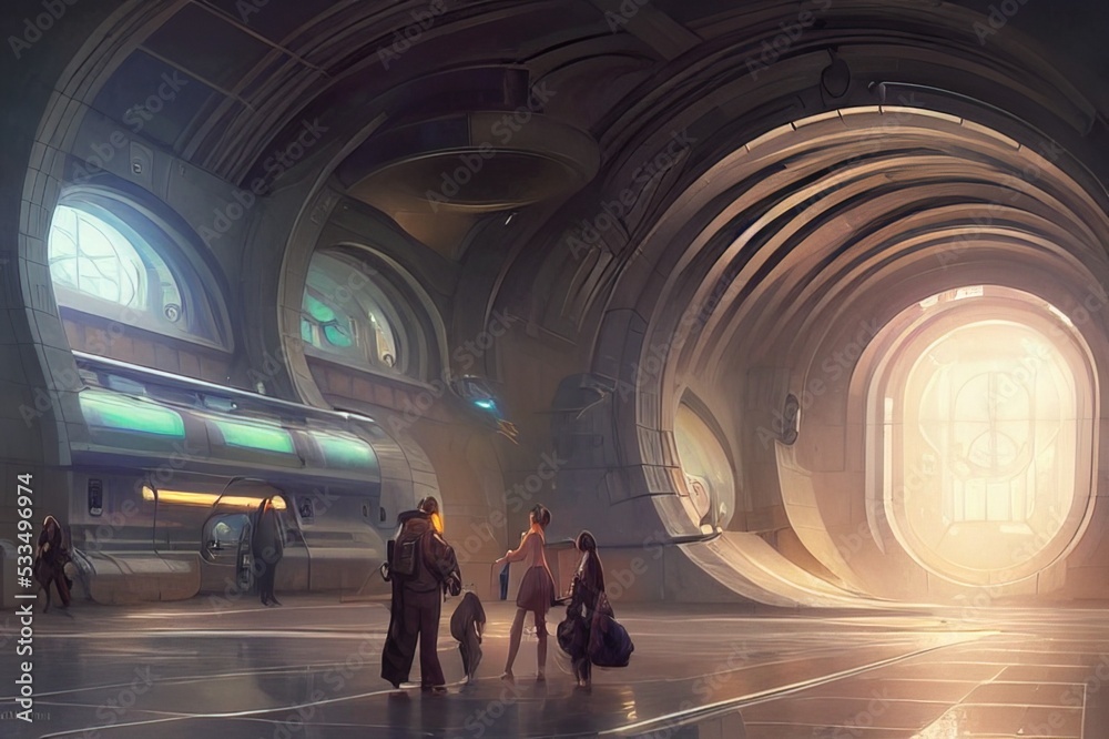 Light and clean Abstract futuristic space station street. City of a ...