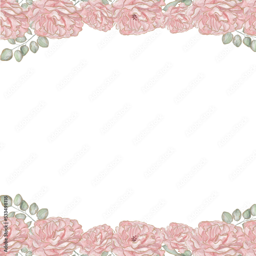 Peony pink watercolor flowers border. Hand drawn aquarelle cute pink ...