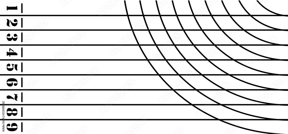 Vetor de Cartoon running track with lane numbers or track numbers ...