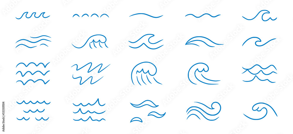 Wave sea line doodle icon set. Hand drawn sketch water wave outline ...