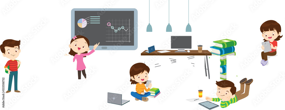 E-Learning concept illustration of Students Boy and Girl Reading and ...