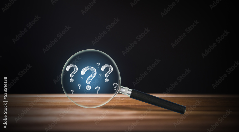 Isolated magnifier and question marks Stock Photo | Adobe Stock
