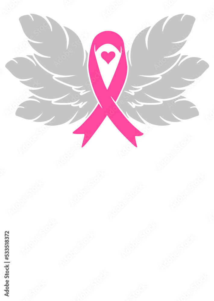 Pink ribbon sign. Breast Cancer Awareness month October. Angel wings ...