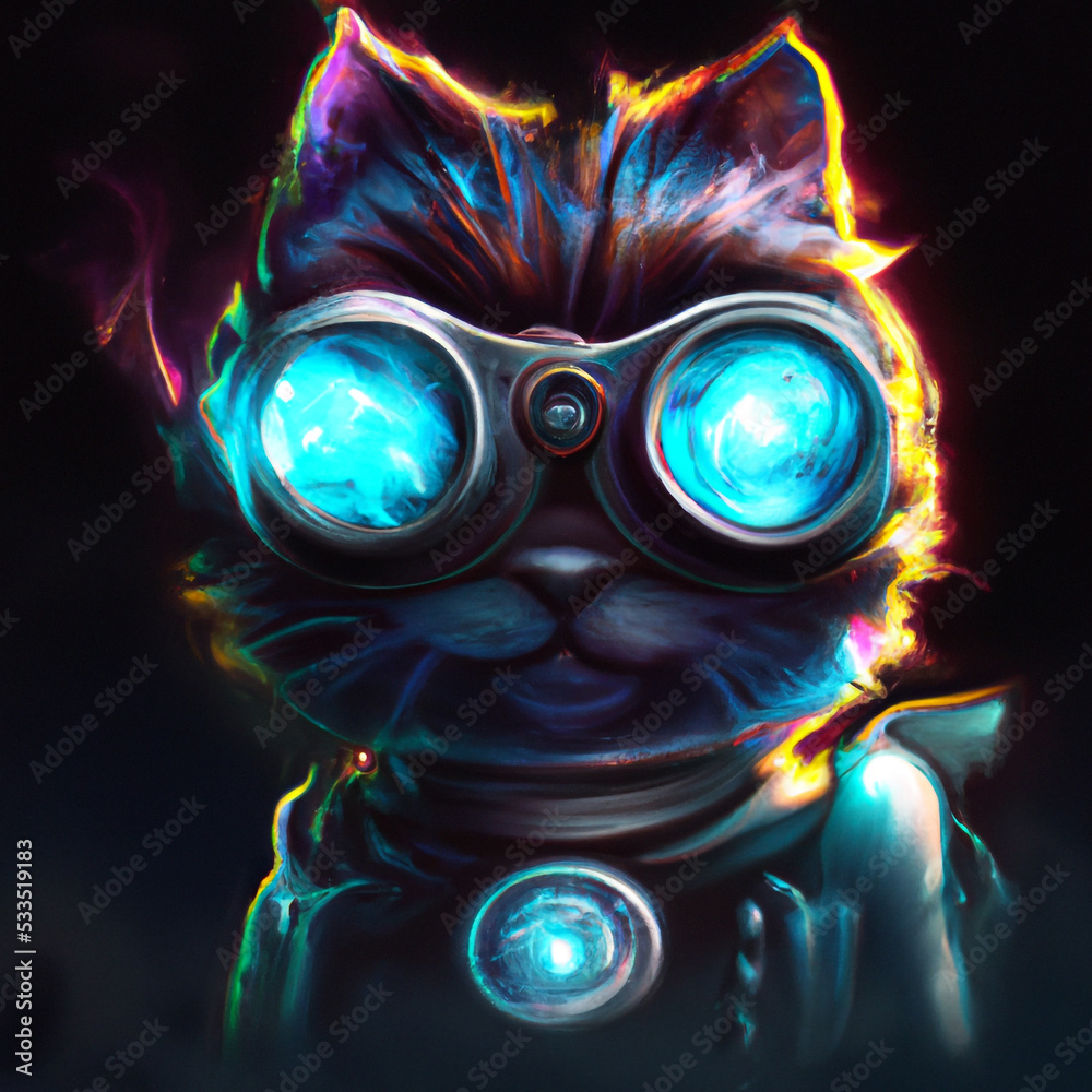 Digital illustration of steam punk style cat character with glowing ...
