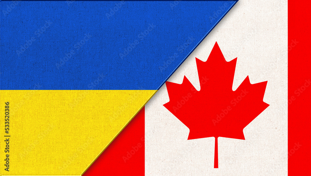 National symbols of Ukraine and Canada. Ukrainian and Canadian flags ...