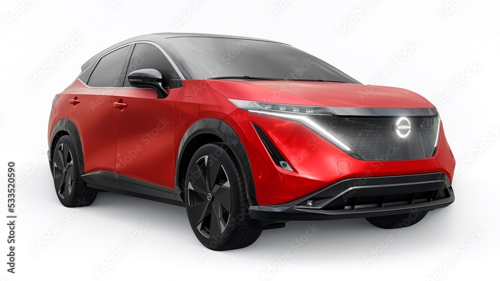 Tokyo. Japan. September 25, 2022. Nissan Ariya 2020. Red electric SUV ...