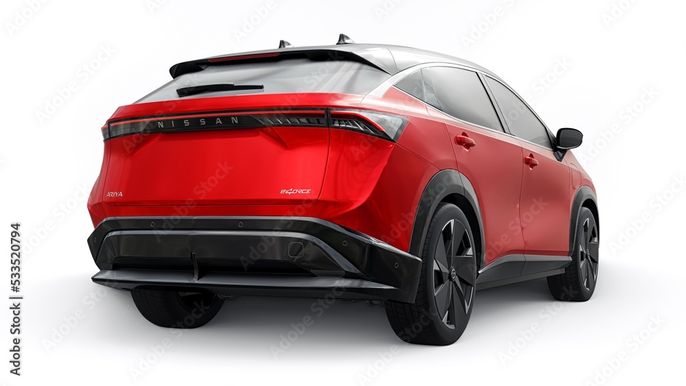Tokyo. Japan. September 25, 2022. Nissan Ariya 2020. Red electric SUV ...