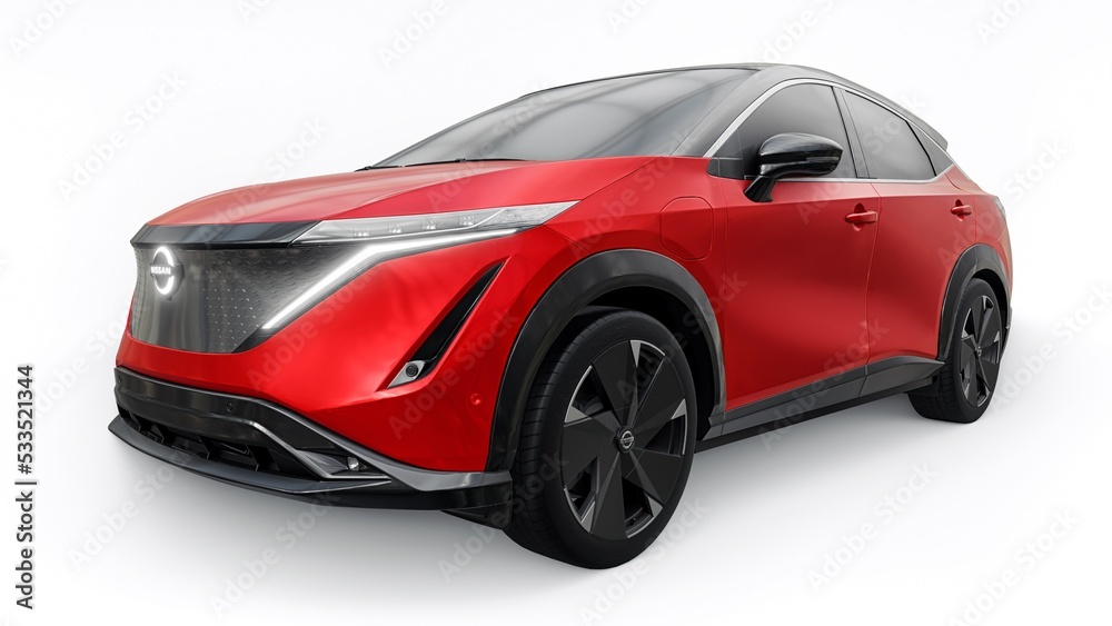 Tokyo. Japan. September 25, 2022. Nissan Ariya 2020. Red electric SUV ...