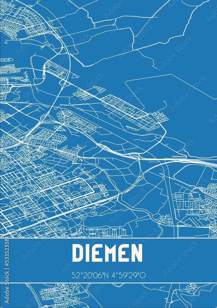Blueprint of the map of Diemen located in Noord-Holland the Netherlands ...