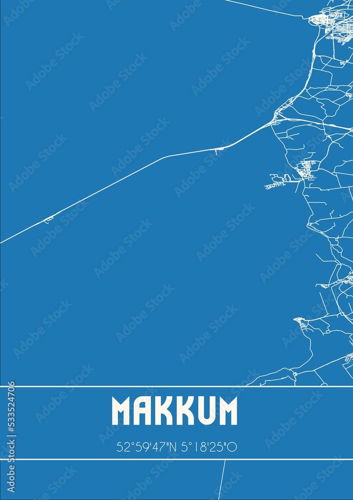 Blueprint of the map of Makkum located in Fryslan the Netherlands ...
