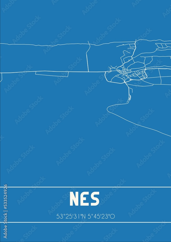 Blueprint of the map of Nes located in Fryslan the Netherlands. Stock ...