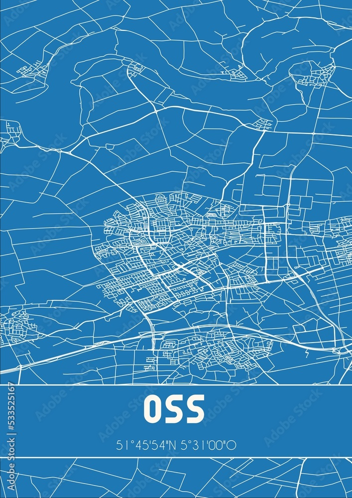 Blueprint of the map of Oss located in Noord-Brabant the Netherlands ...