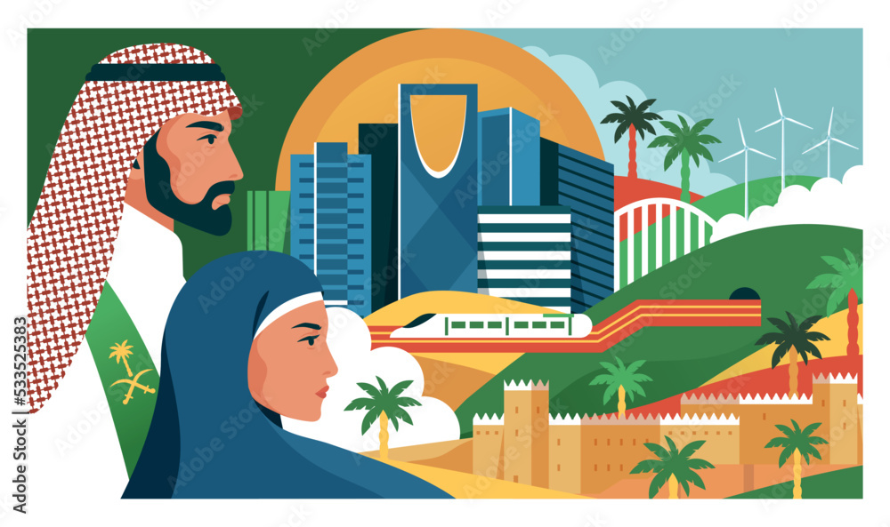 Saudi Arabia National Day. Silhouette of man and woman in traditional ...