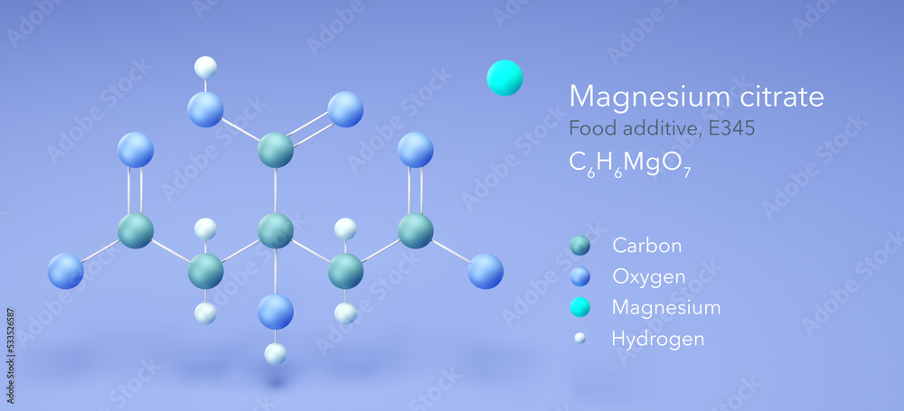 magnesium citrate, molecular structures, Food additive, E345, 3d model ...