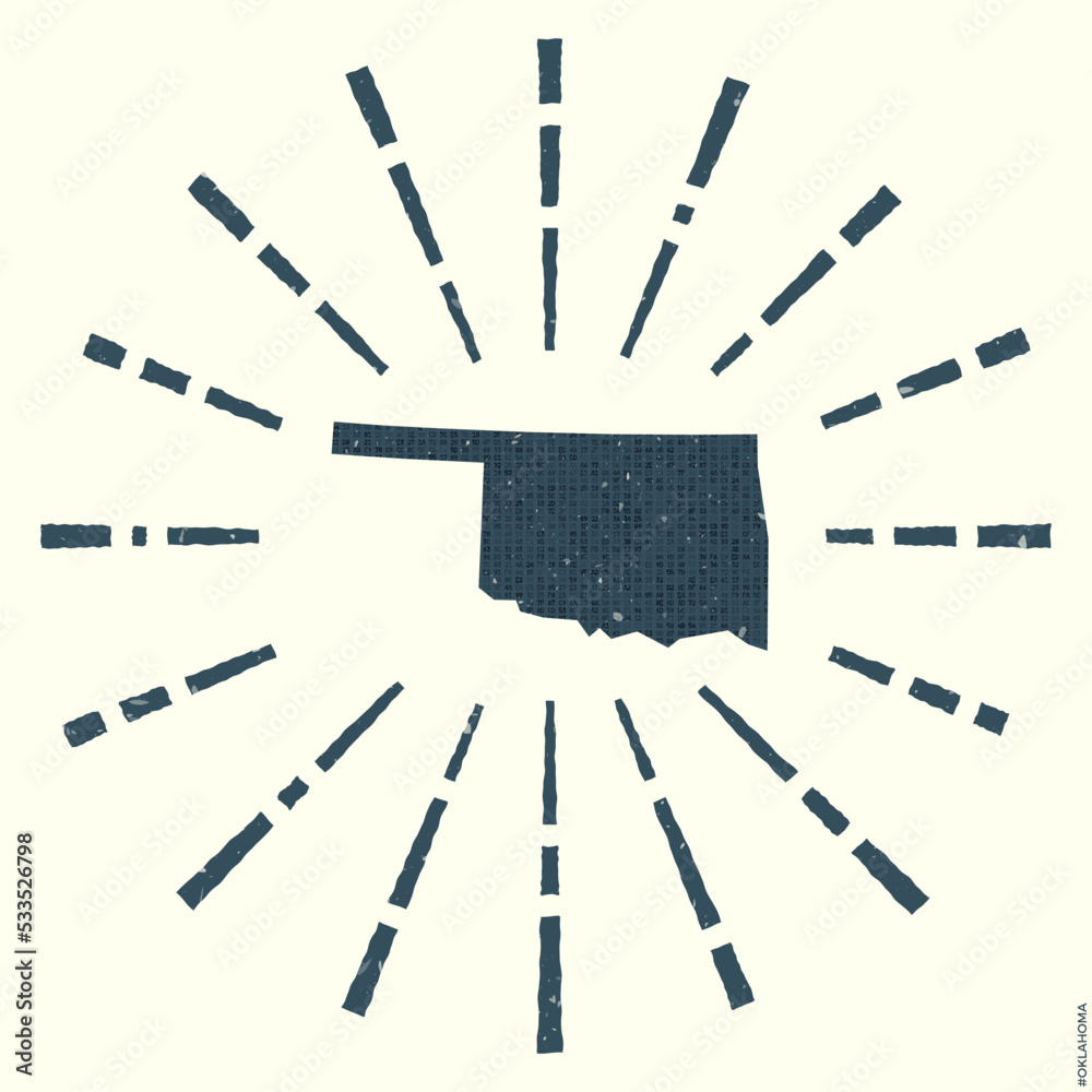 Oklahoma Logo. Grunge sunburst poster with map of the us state. Shape ...