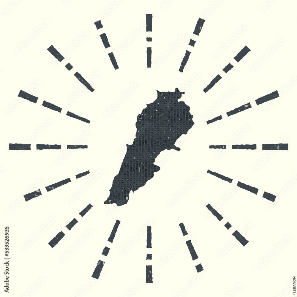 Lebanon Logo. Grunge sunburst poster with map of the country. Shape of ...
