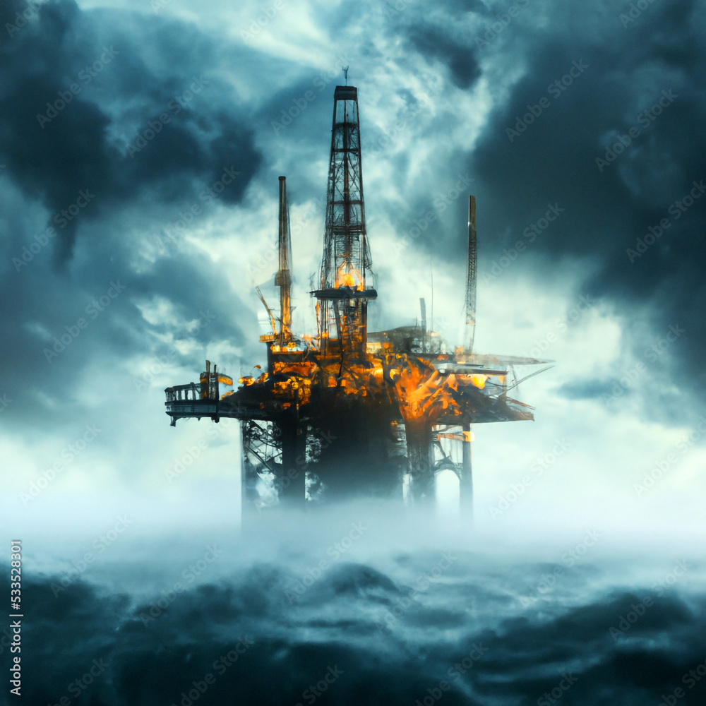 Digital illustration of oil rig platform in stormy open ocean waters ...