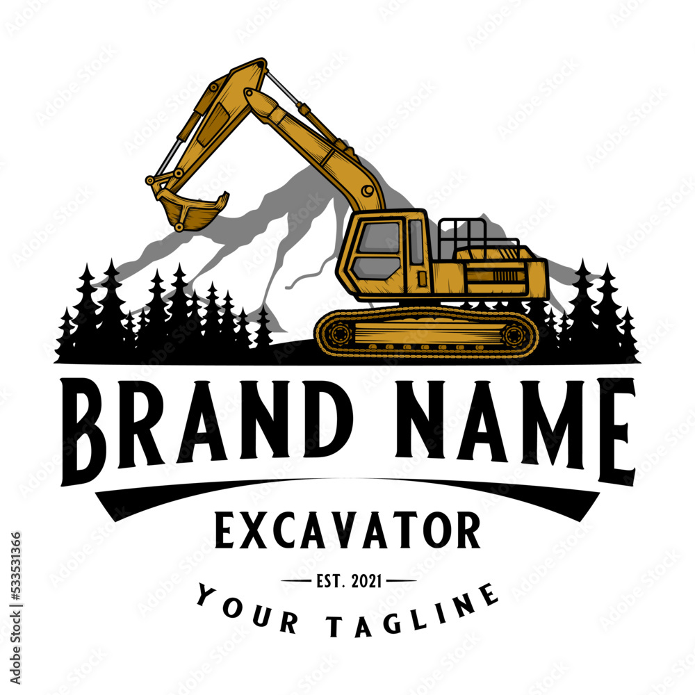 excavator vector logo. mountain and pine tree excavators for ...
