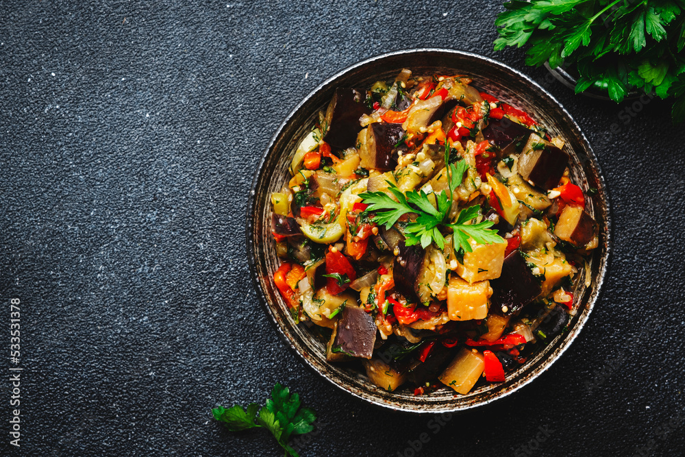 Vegetable stew, saute or caponata. Stewed eggplant with paprika ...