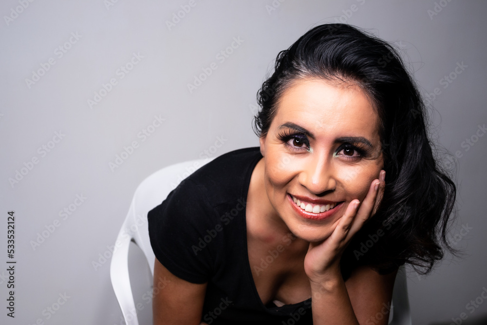 Portrait of Latin mexican woman with beautiful black eyes and smiling ...