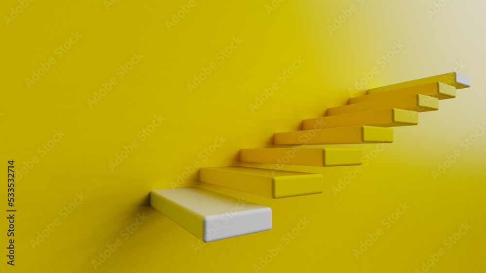 Yellow stairs leading to white top and bottom step under yellow ...